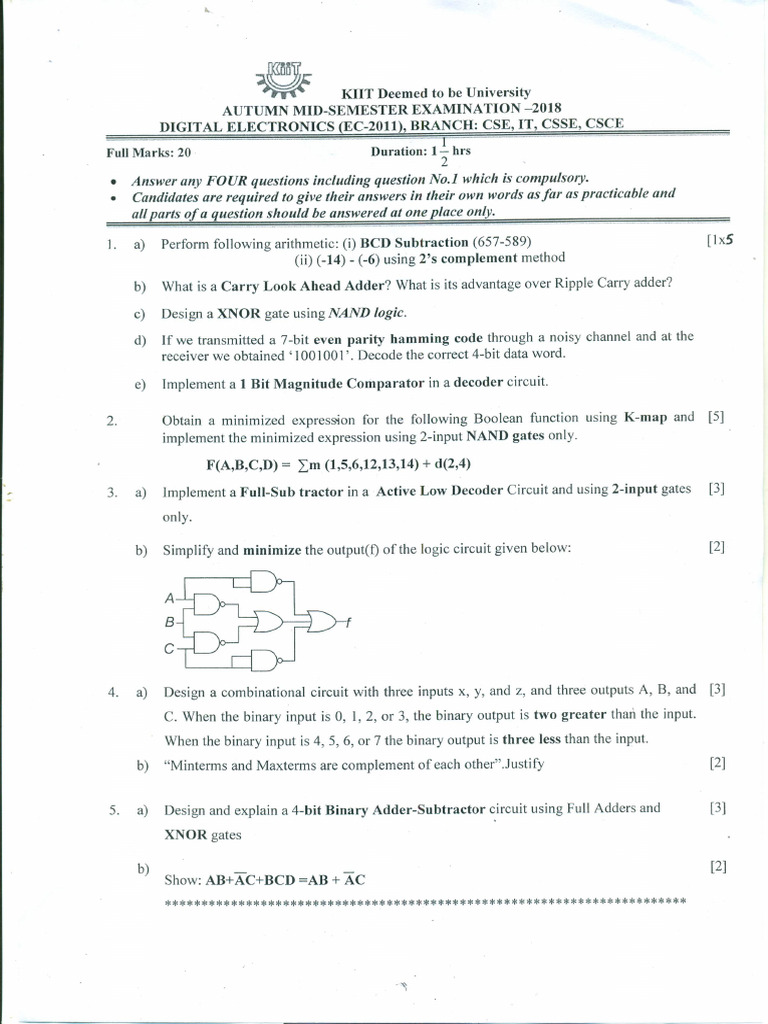 3rd Semester, B Tech (CSE, IT, CSSE, CSCE), Digital Electronics, EC-2011 - Autumn Mid Sem 2018 | PDF