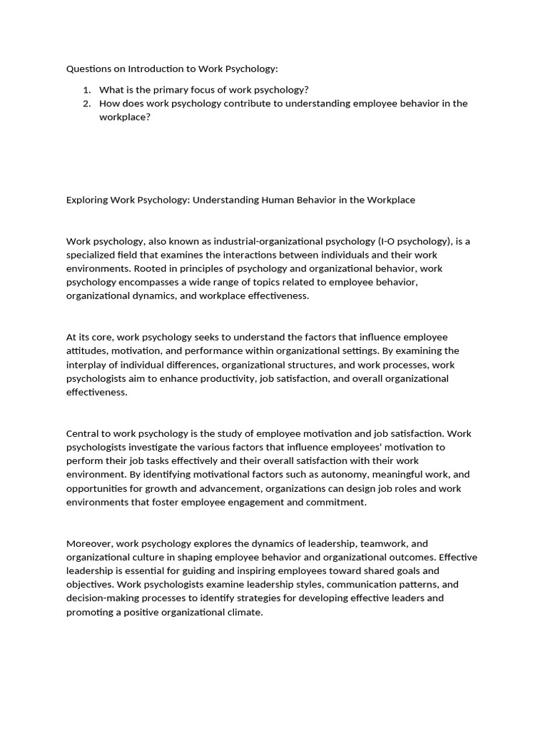 Introduction To Work Psychology | PDF