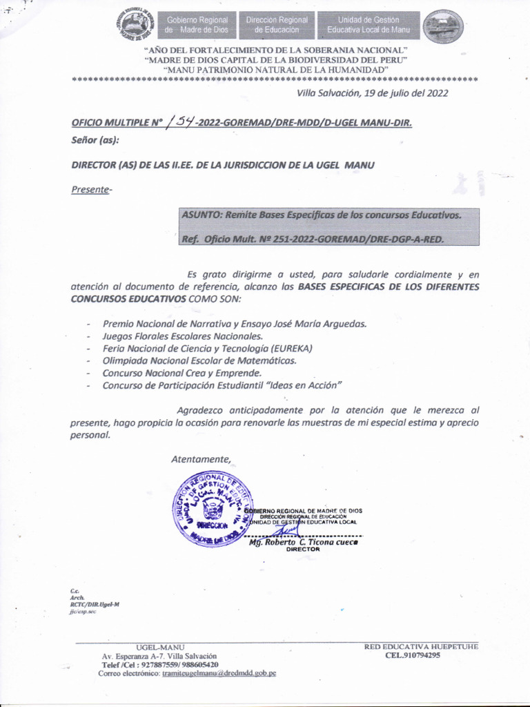 Oficio Mult. Nº 154-2022 ; Bases de Especificos de Los Concursos Educativos | PDF