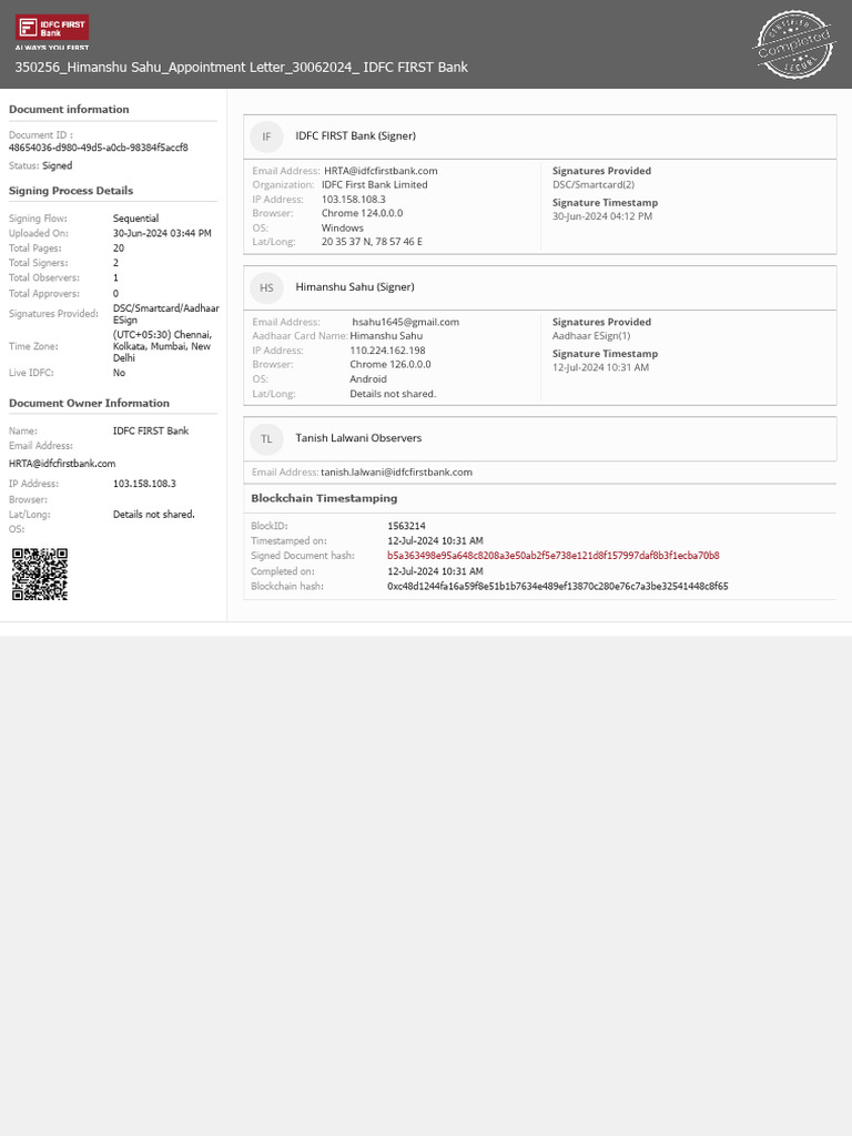 Cygcert 07-12-2024 350256 Himanshu Sahu Appointment Letter 30062024 IDFC FIRST Bank | PDF