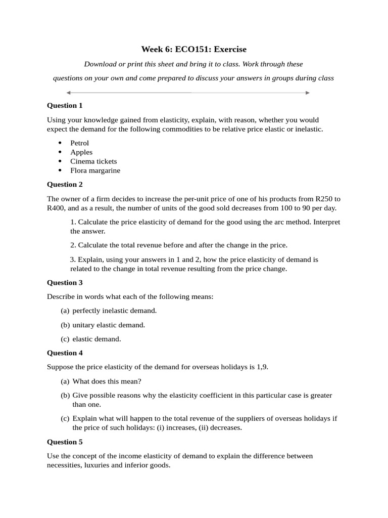 ECO151 - Week 6 - Exercise - SV | PDF | Elasticity (Economics) | Business