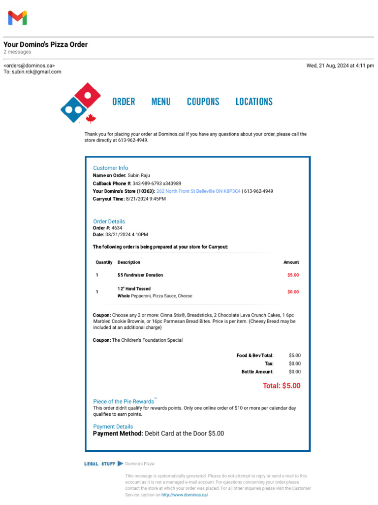 Gmail - Your Domino's Pizza Order | PDF
