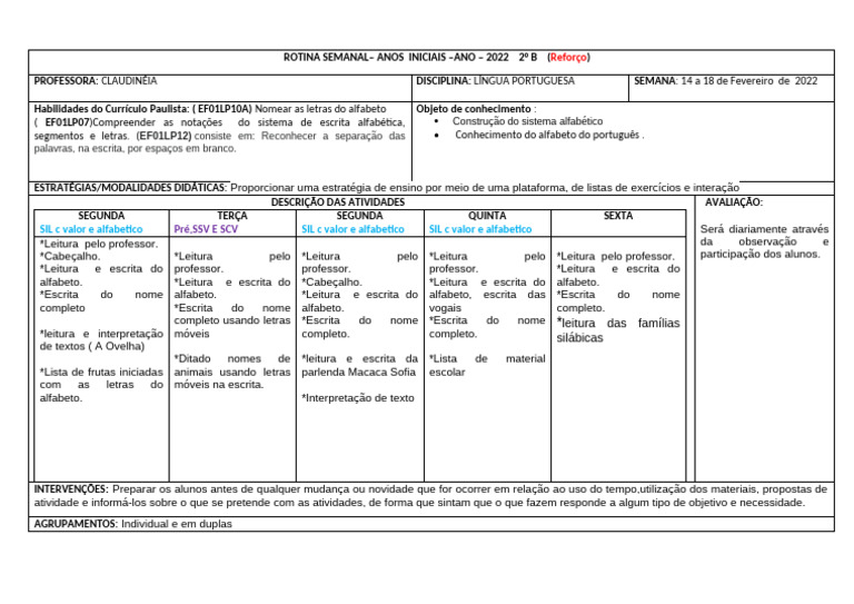 Rotina Portugues14 A 18 Fev | PDF