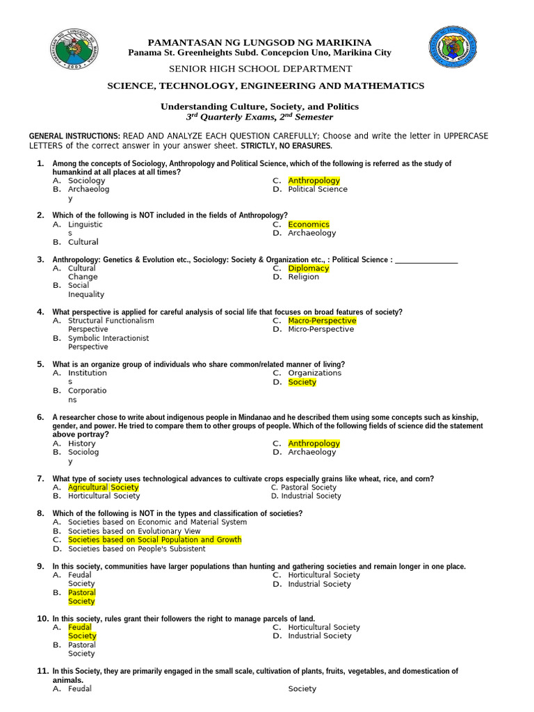 Answer Key Ucsp 3rdquarterexamination | PDF
