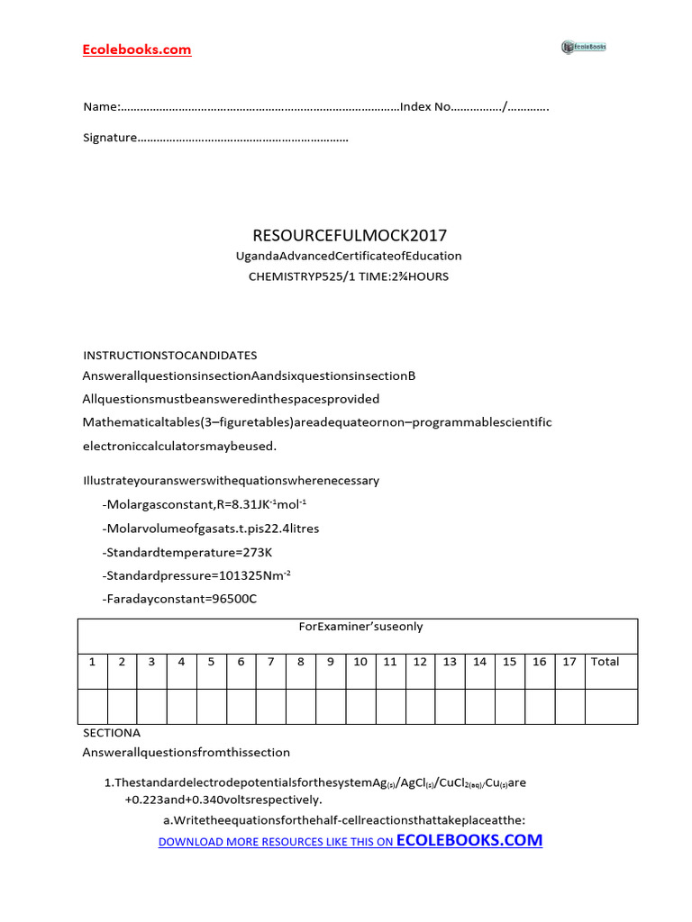 S.6 Chemistry Paper 1 Revision Past Papers | PDF