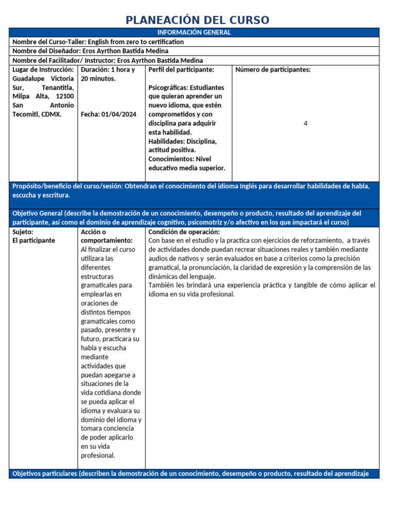Plantilla Planeacion Del Curso | PDF