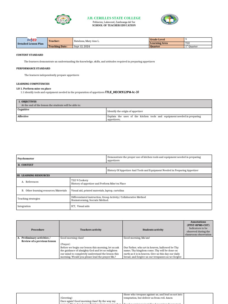 Detailed Lesson Plan in TLE Cookery | PDF