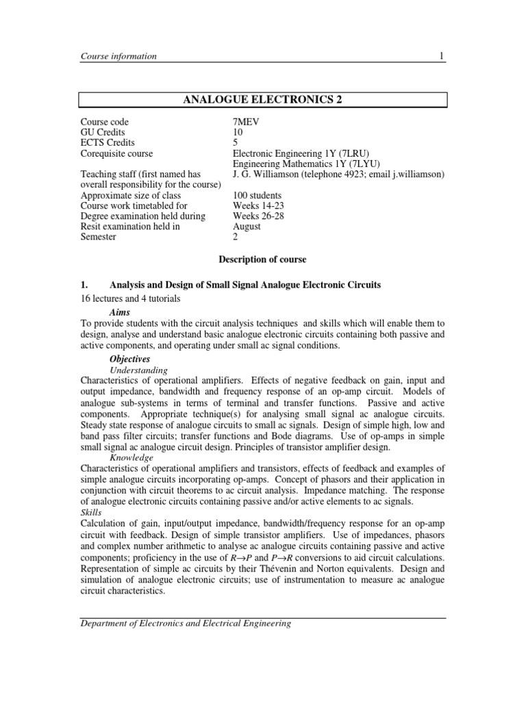Analogue Electronics 2 Course Overview | PDF | Operational Amplifier ...