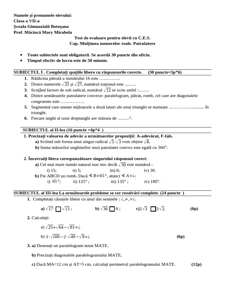 Test Clasa 7 NR Reale Si Patrulatere CES | PDF