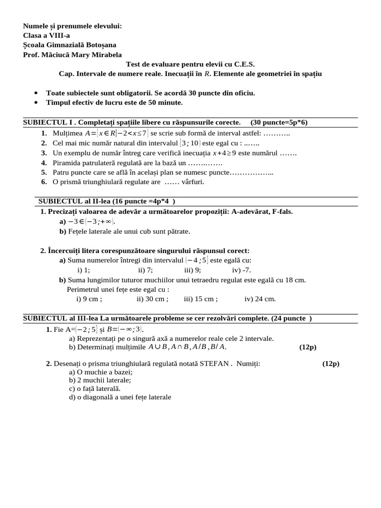 Test Clasa 8 Intervale de NR Reale Corpuri Geometrice CES | PDF