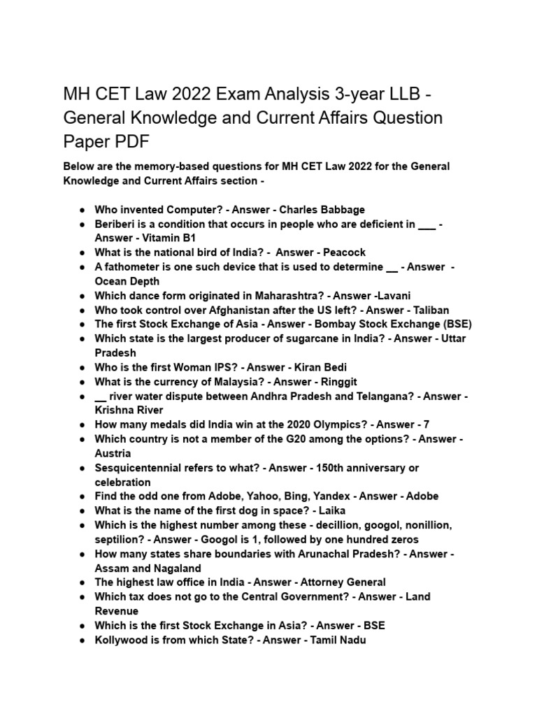 MH Cet Law 2022 Exam Analysis 3 Year LLB General Knowledge and Current ...