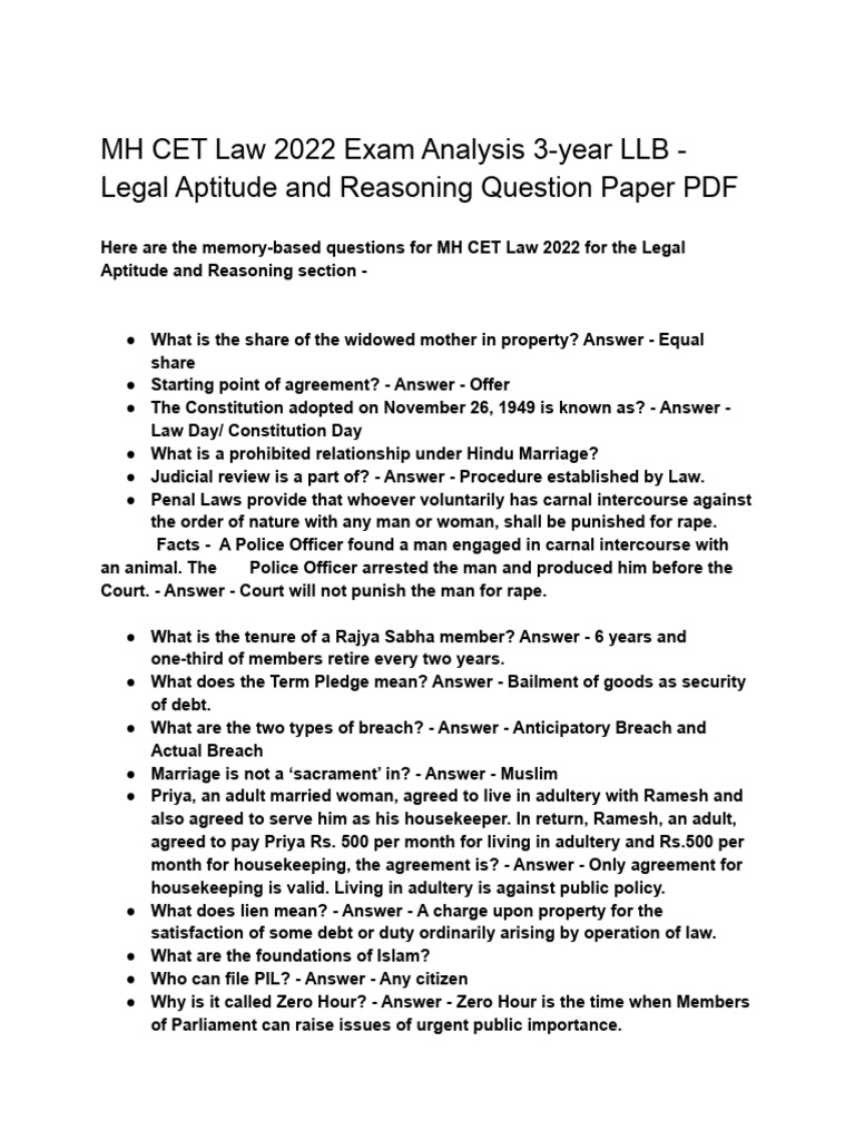 MH Cet Law 2022 Exam Analysis 3 Year LLB Legal Aptitude and Reasoning ...