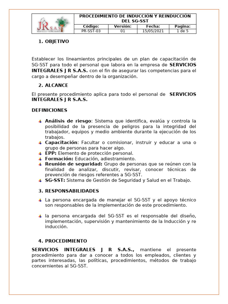 PR-SST-03 Procedimiento de Inducción y Reinducción del SG-SST.. | PDF