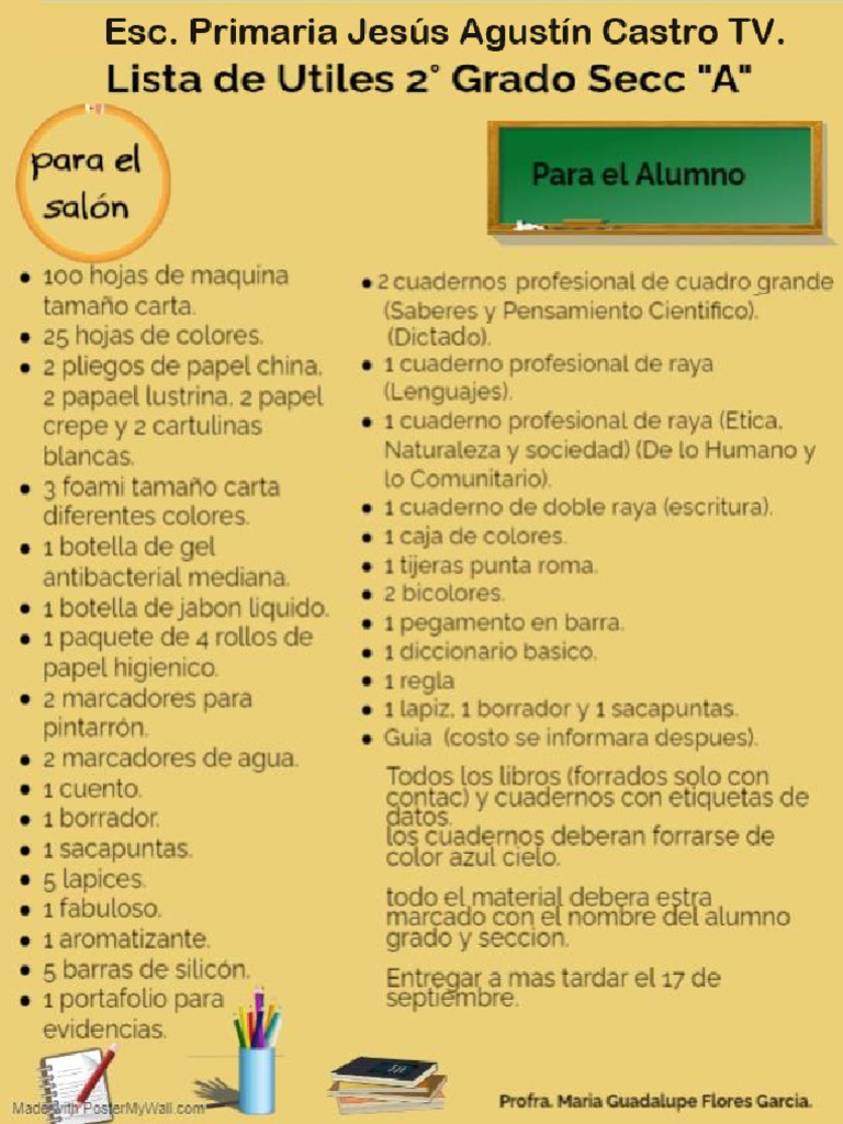 Lista de útiles para segundo grado.. | PDF