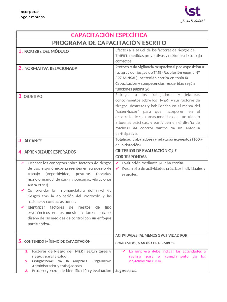 Modelo Programa Capacitacion Trabajadores TMERT 06.08.24 | PDF