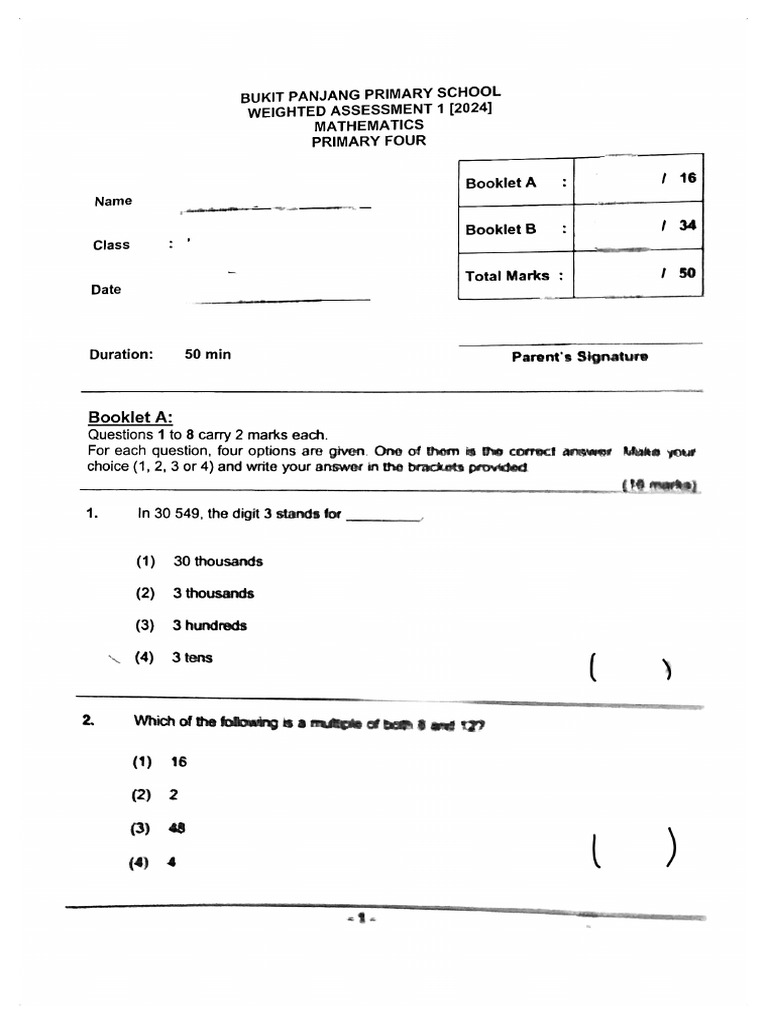 2024 P4 Math Bukit Panjang WA1 BLANK | PDF