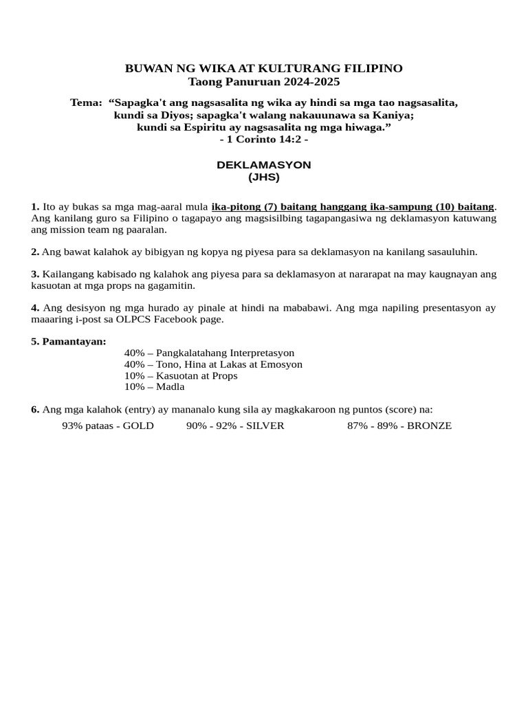 Buwan NG Wika Mechanics Deklamasyon JHS2 | PDF