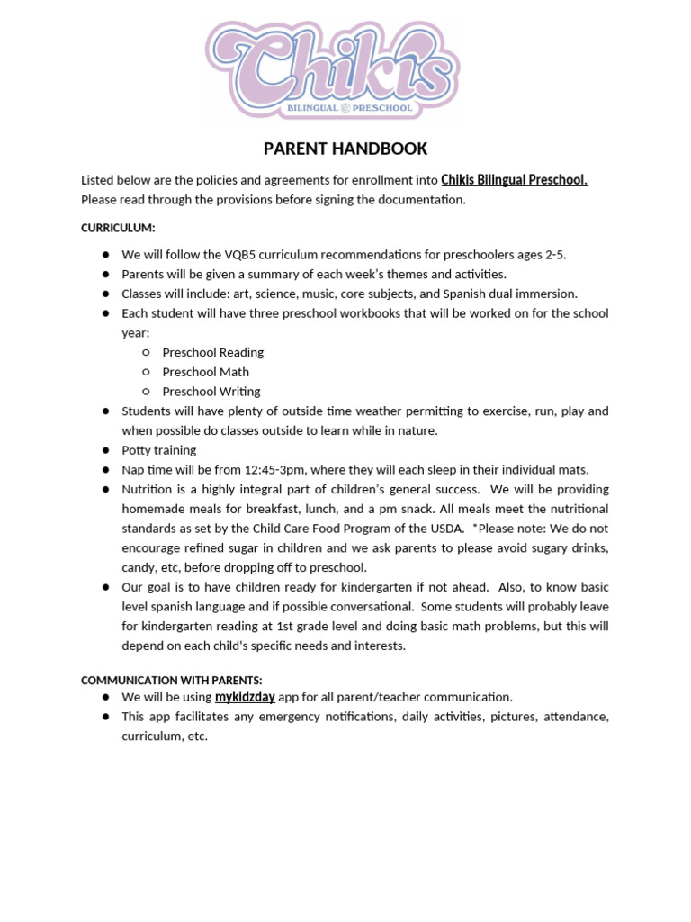 Preschool Parent Handbook | PDF