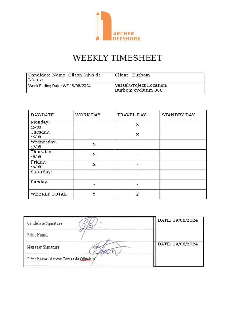 Archer Offshore Timesheet Template Gilson Matriz | PDF