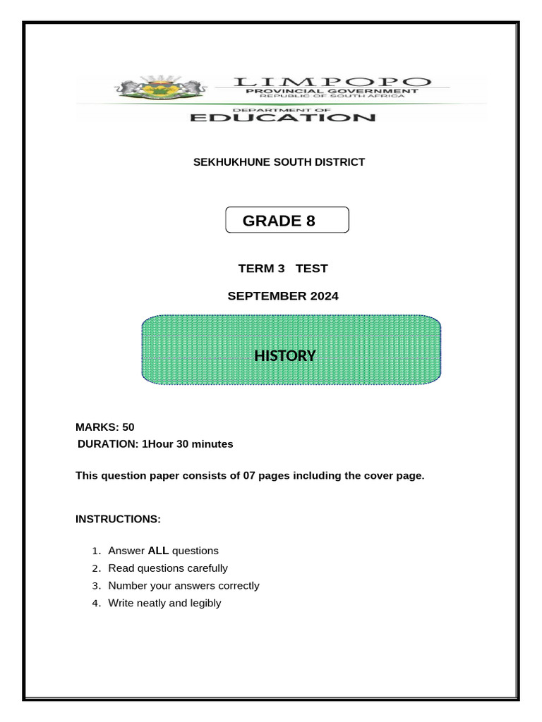 History Grade 8 Term 3 Test 2024 | PDF | Ghana | Social Science