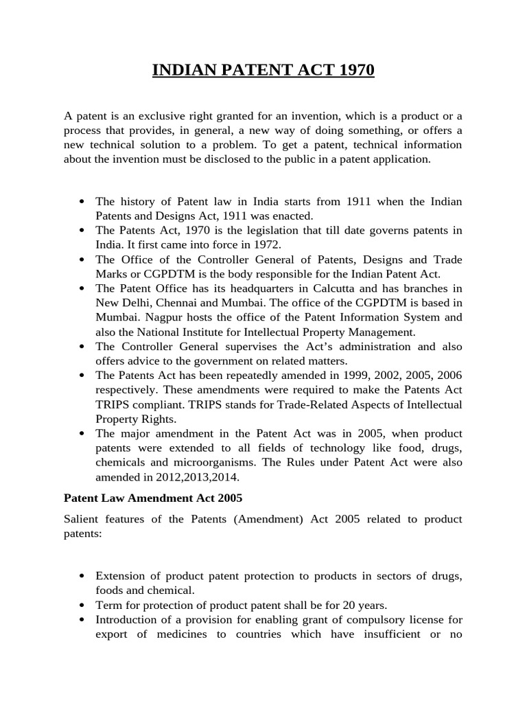 INDIAN PATENT ACT 1970 | PDF