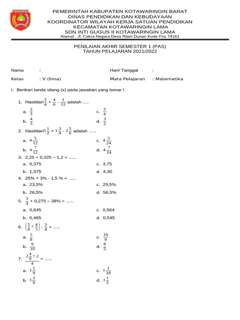 Soal Pas MTK KLS 5 K-13 | PDF