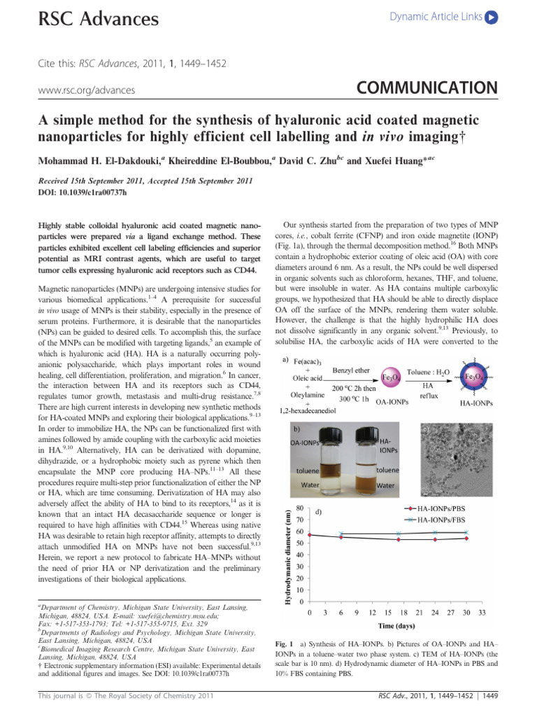 A Simple Method For The Synthesis of Hyaluronic Acid Coated Magnetic ...