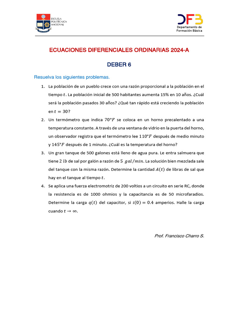 Deber 6 - Aplicaciones EDO Primer Orden | PDF