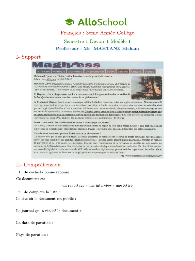 Francais 3ac Semestre 1 Devoir 1 Modele 1 Pdf
