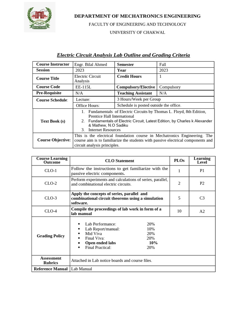 Electric Circuit Analysis Lab Outline and Grading Criteria: Department ...