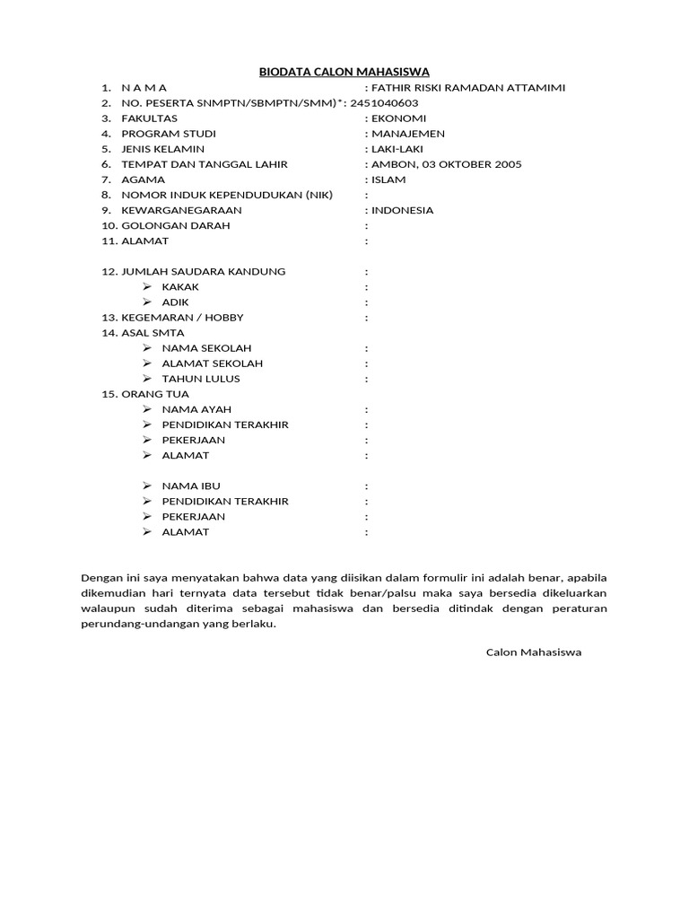 Biodata Calon Mahasiswa | PDF