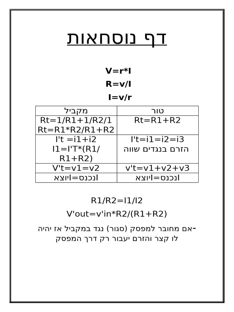 רוט ליבקמ Rt=R1+R2 1 / Rt=1/R1+1/R2 Rt=R1*R2/R1+R2 I't=i1=i2=i3 הווש ...