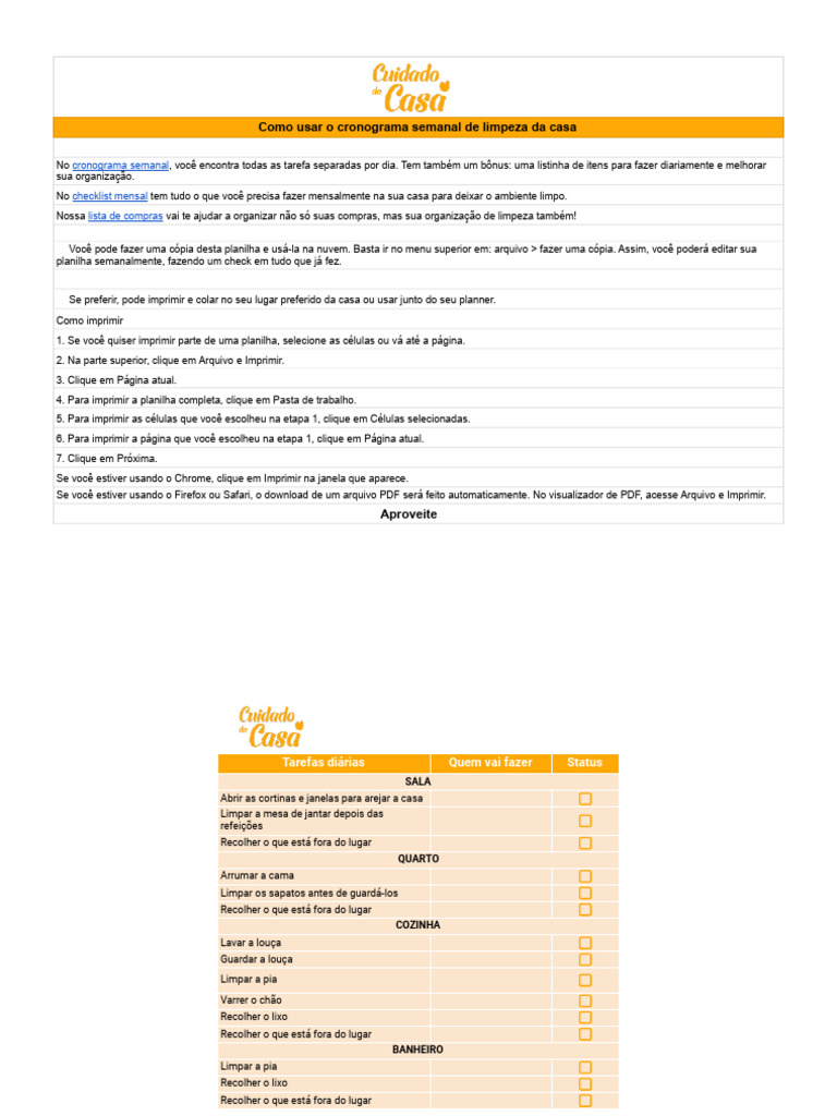 Cronograma De Limpeza Mensal Homecare Pdf