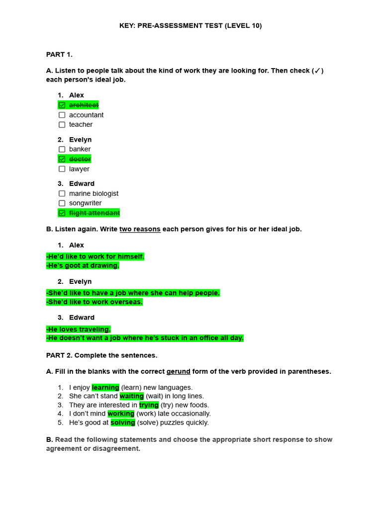 Key - Pre-Assessment Test (Level 10) | PDF