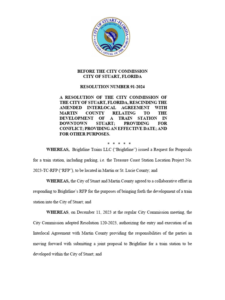 R91-2024 Rescind Amended ILA For Train Station | PDF | Request For ...