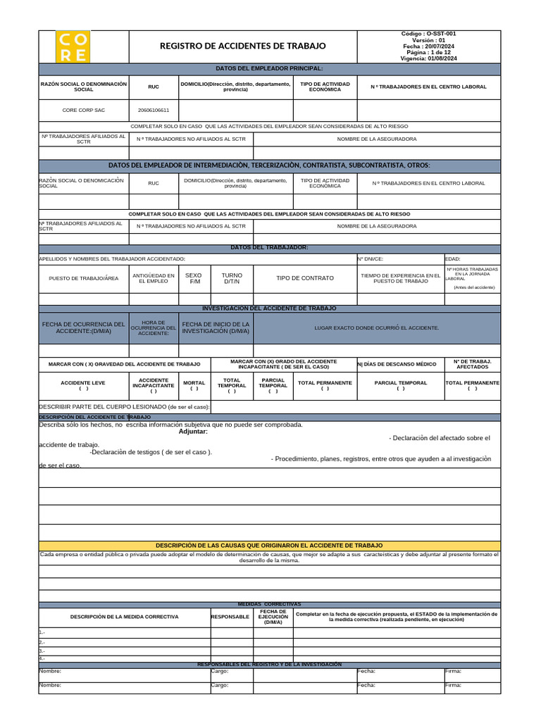 Registros Obligatorios de SST Peru en Ex | PDF