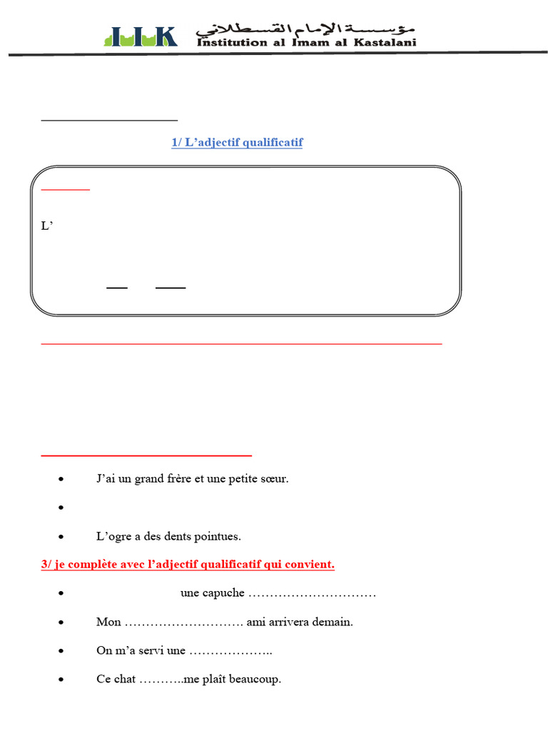 Exercices de Grammaire: 1/ L'adjectif Qualificatif | PDF