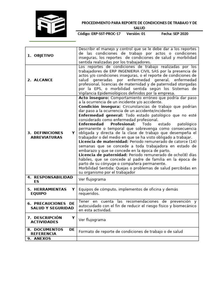 ERP-SST-PROC-17 Procedimiento para reporte condiciones de trabajo y de salud | PDF