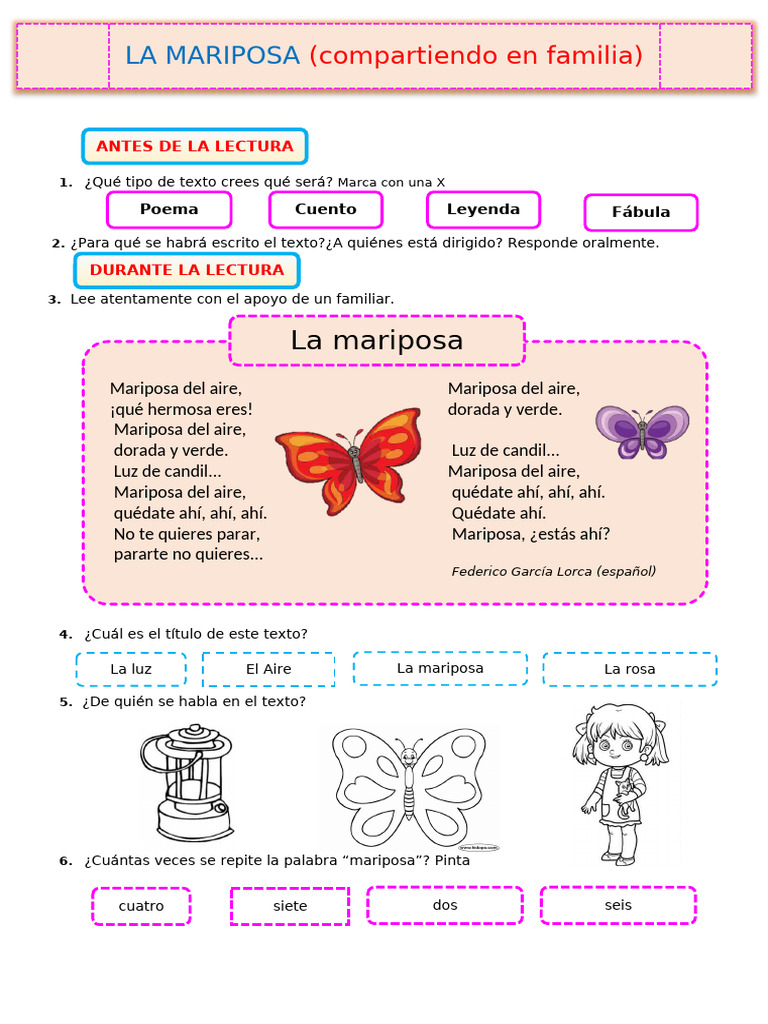 Leemos Juntos La Mariposa | PDF | Estudios de idiomas extranjeros | Poesía