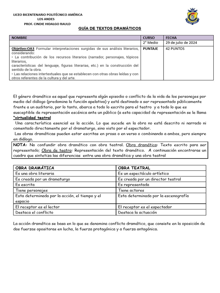 Guía Textos Literarios Dramáticos Docx Pdf