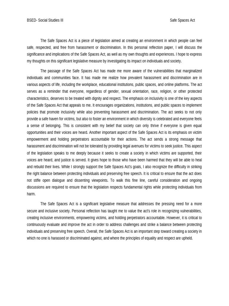 Safe Spaces Act Reflection Paper | PDF