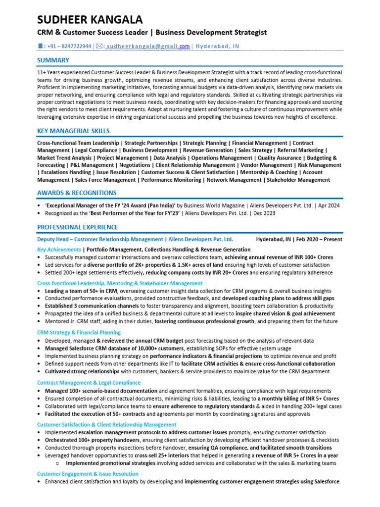 Sudheer Kangala Customer Success Leader & BD Strategist Resume | PDF