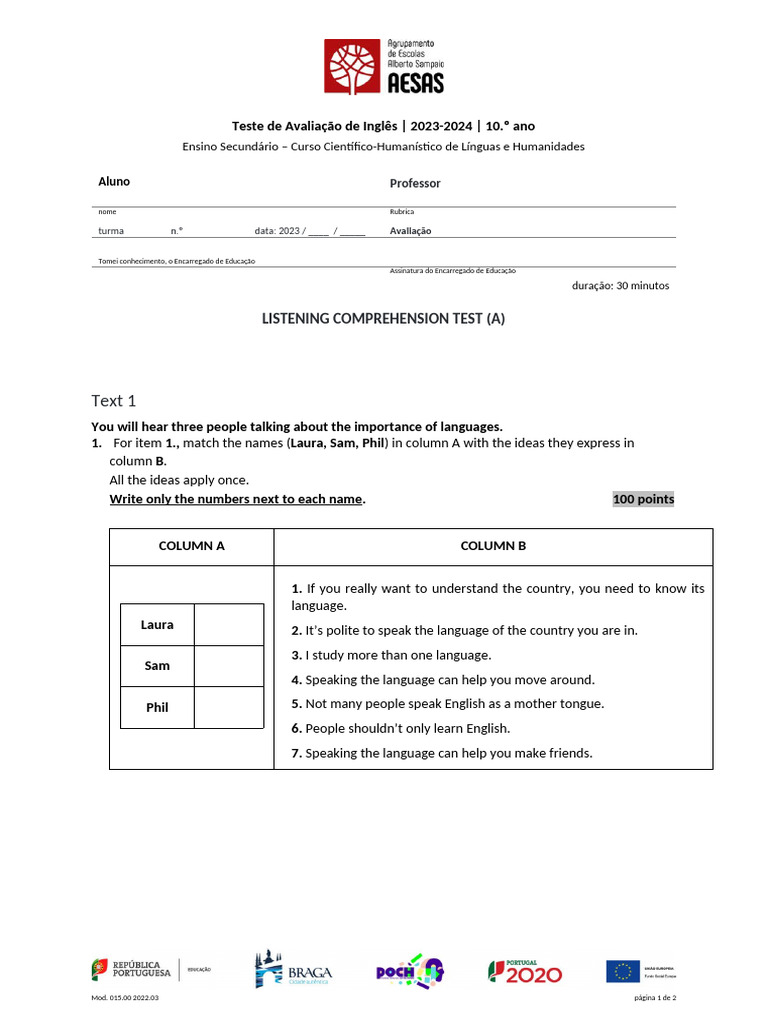 10L Listening Comprehension Test Unit 1 A | PDF