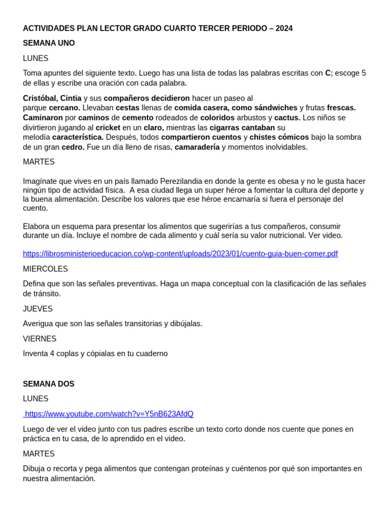 Actividades Plan Lector Cuartos Tercer Periodo | PDF