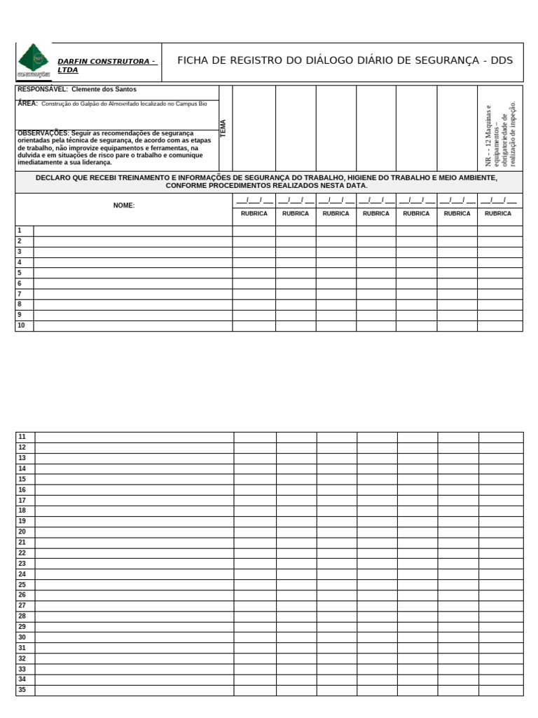 Ficha de Registro Do Diálogo Diário de Segurança - DDS | PDF