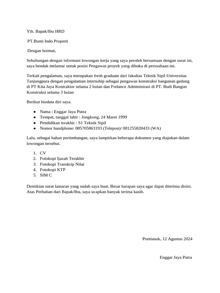 Surat Lamaran Kerja Enggar Jaya Putra | PDF