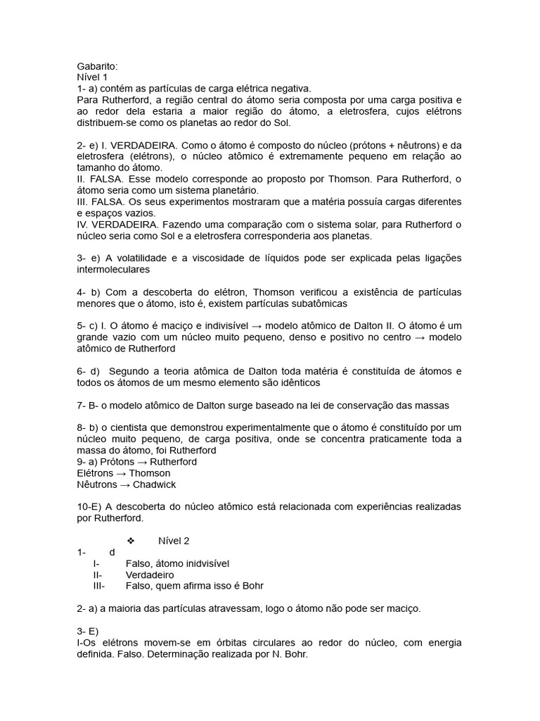 Lista de Exerc-Cios - Modelos At-Micos - Gabarito | PDF