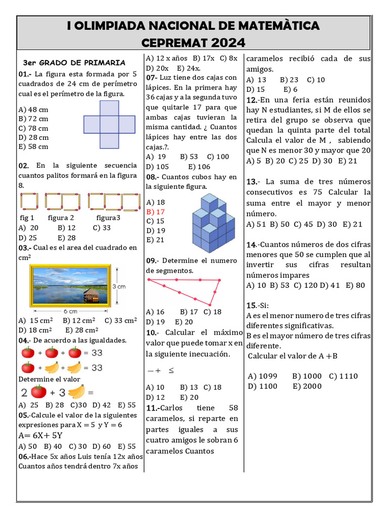 EXAMEN DE 3ER GRADO PRIAMRIA MATEMATICA MALA 2024 | PDF