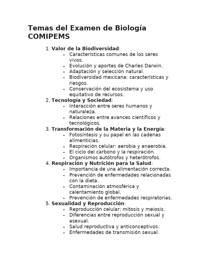 Temas Del Examen de Biología COMIPEMS | PDF