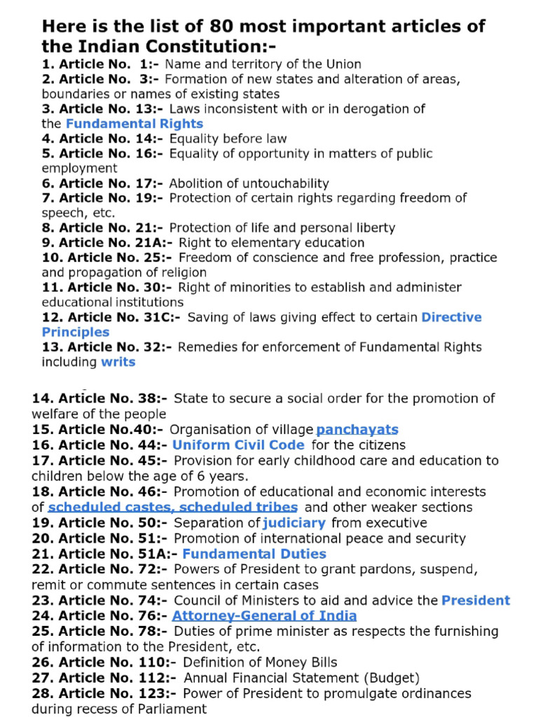 Important Articles of Indian Constitution | PDF